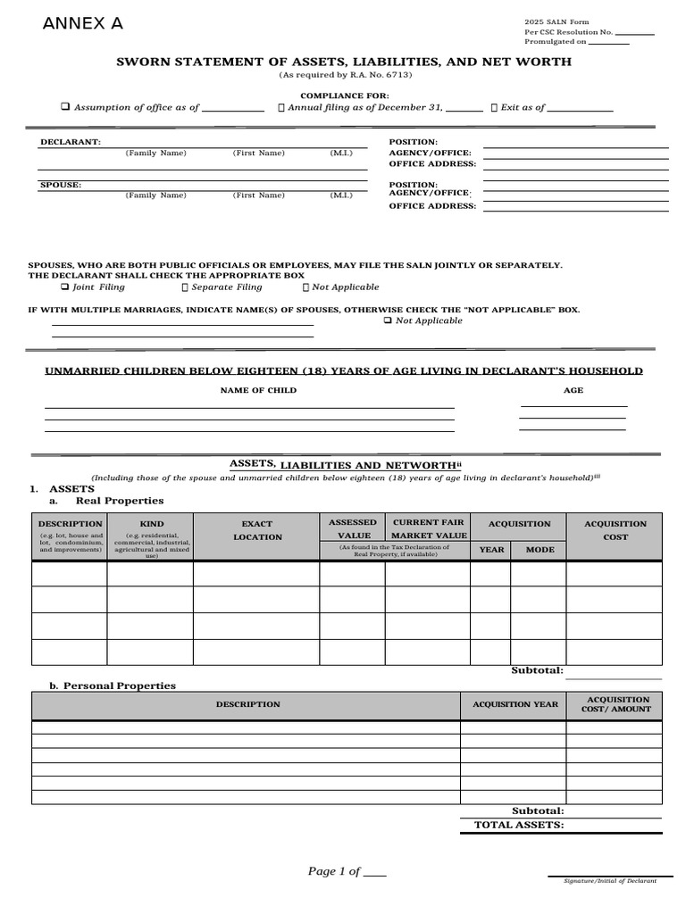 2025 SALN Form for Public Officials | PDF | Net Worth | Business