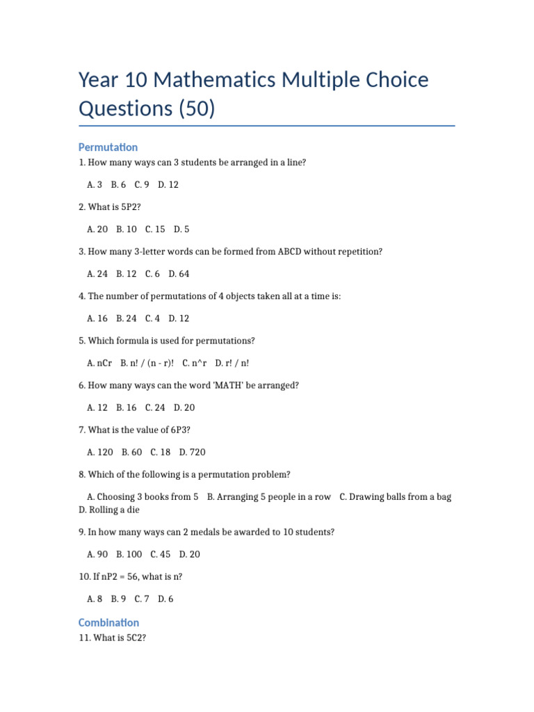 Year_10_Maths_MCQ | PDF | Probability | Mathematical Objects