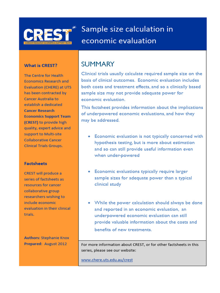 Crest Factsheet Sample Size in Economic Evaluation | PDF | Sample Size ...