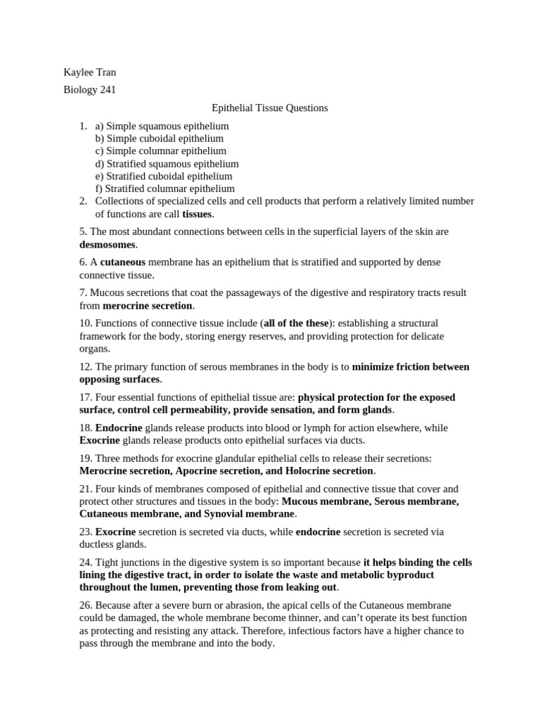 Ephithelial Tissue Questions | PDF