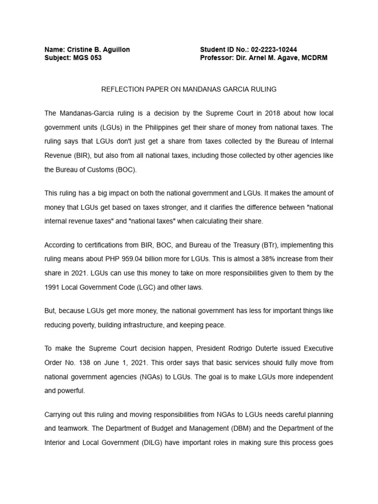 _Reflection Paper on Mandanas Garcia Ruling - CRISTINE AGUILLON | PDF