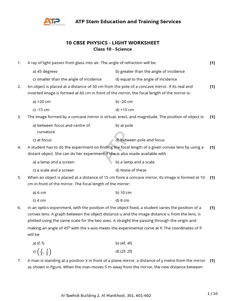 10 CBSE Physics - Light Worksheet | PDF | Mirror | Electrodynamics