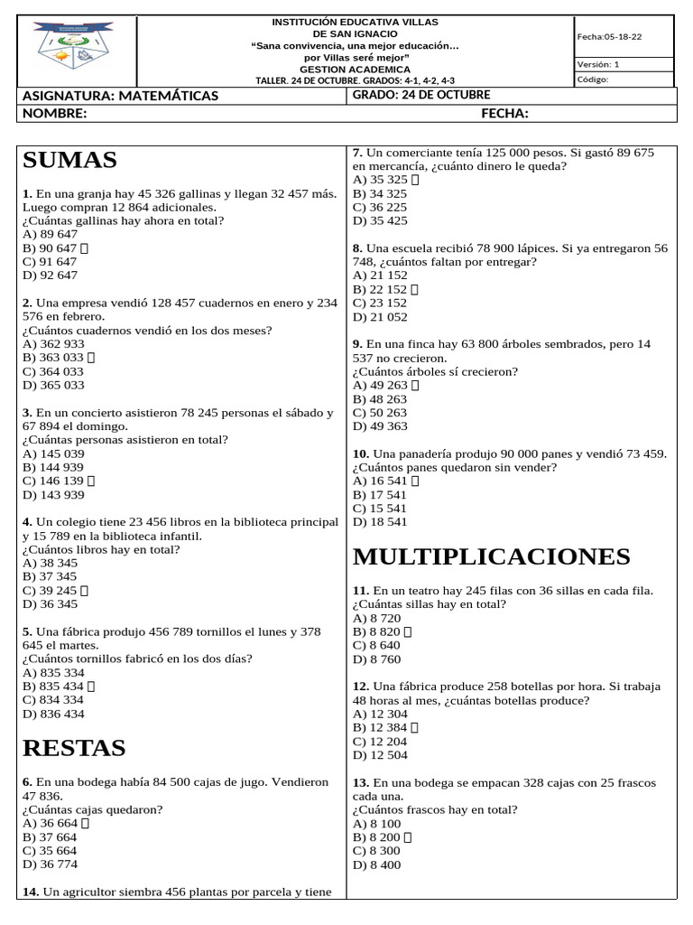 Ejercicios de Matemáticas para 4to Grado | PDF