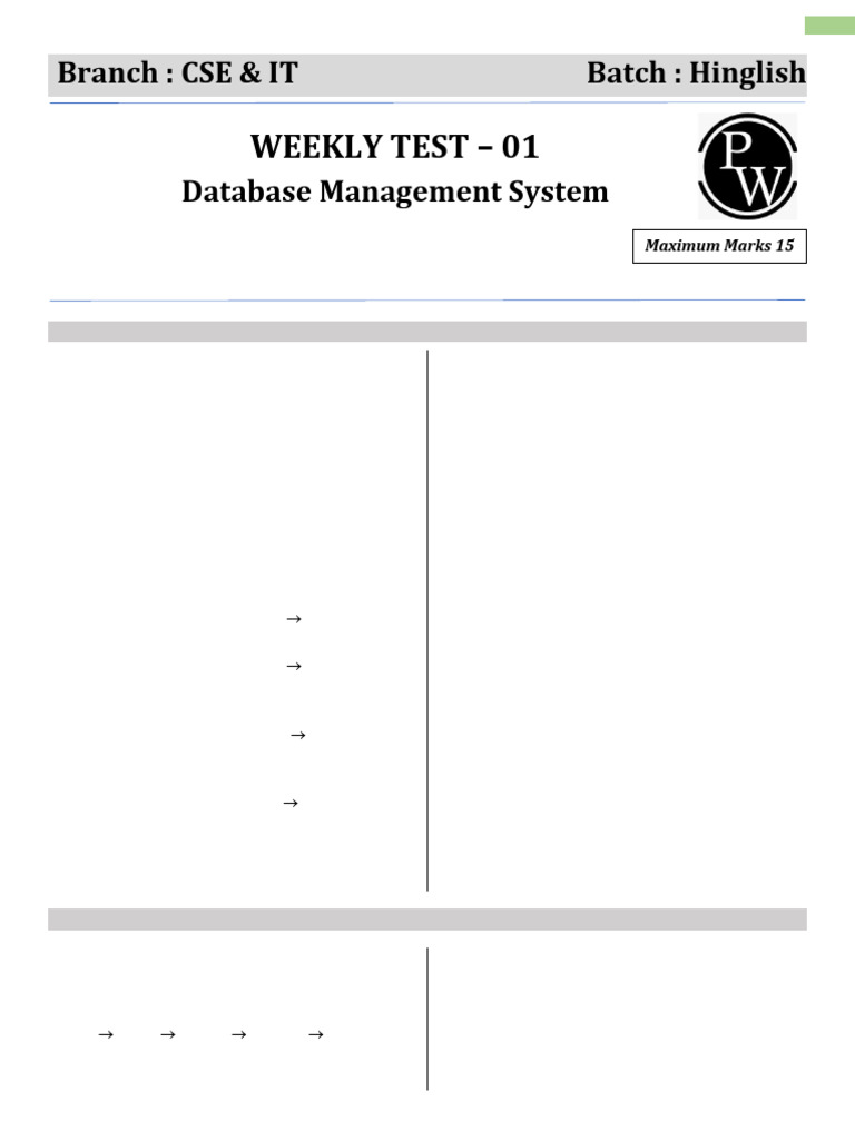 Database Management System - Weekly Test 01 - Test Paper | PDF ...