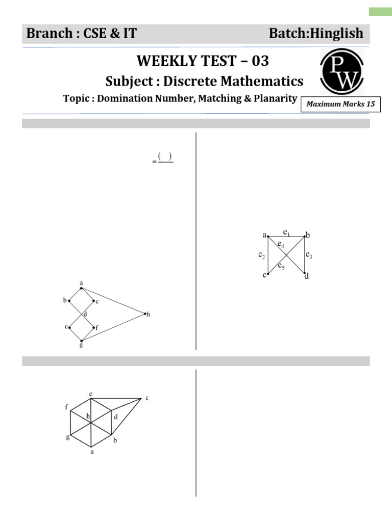 Discrete Math Weekly Test: Domination & Matching | PDF | Theoretical ...