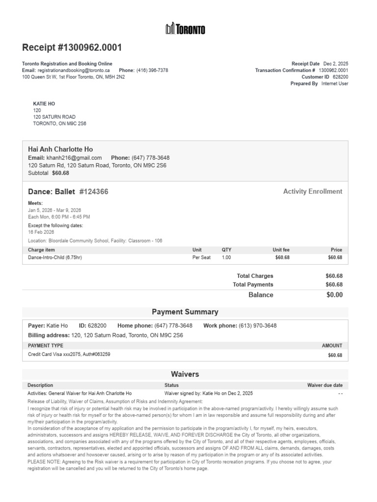 Toronto Ballet Class Registration Receipt | PDF | Payments | Credit Card