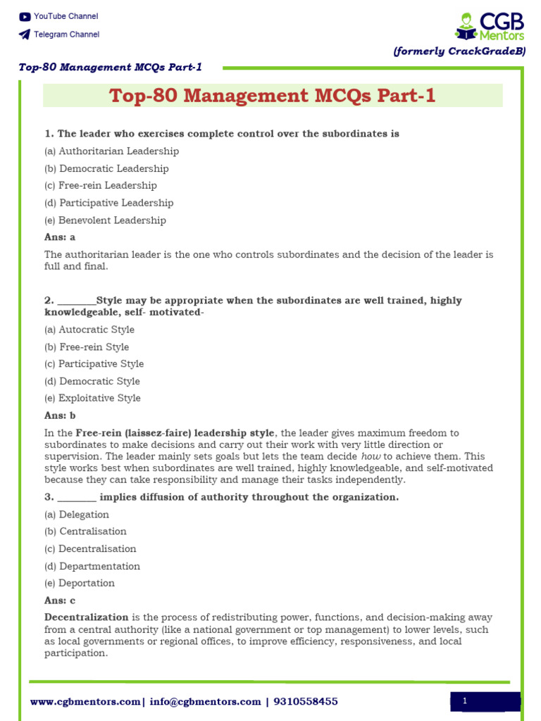 Top 80 Management MCQs Part 1 | PDF | Leadership | Organizational Behavior