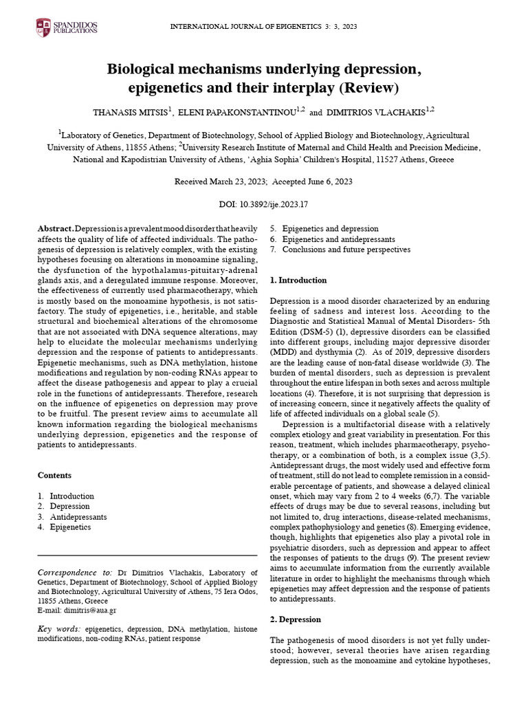 Biological Mechanisms Underlying Depression, Epigenetics and Their ...