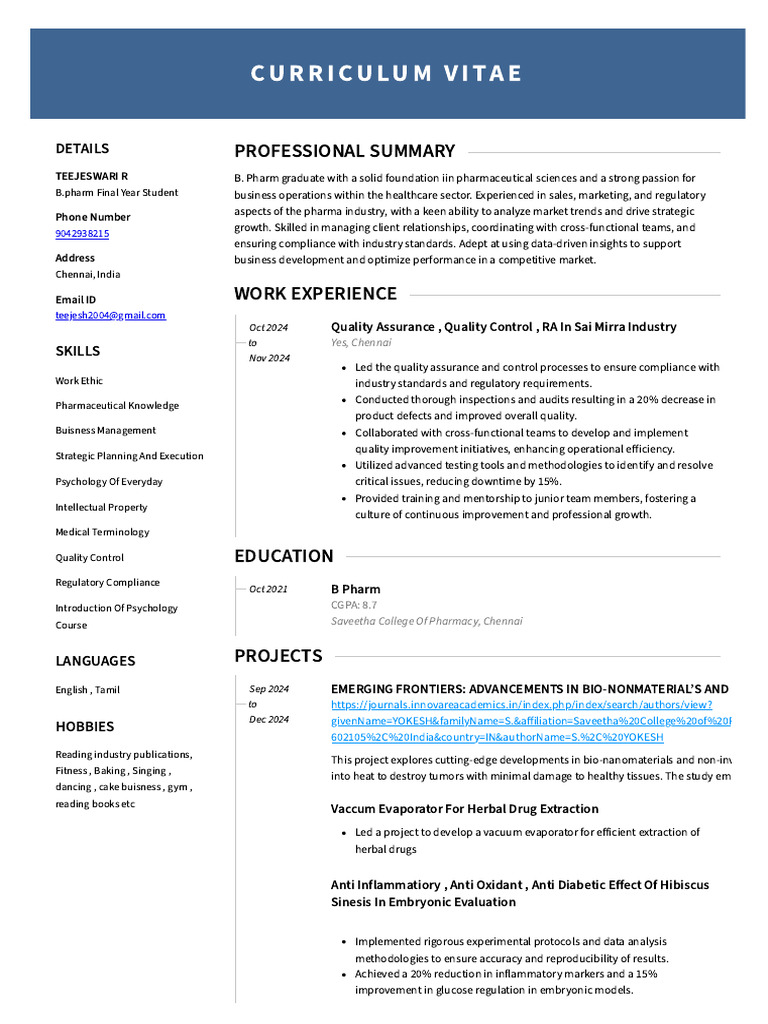 TEEJESWARI R B.pharm Final Year Student Resume (7) | PDF | Pharmaceutical Industry | Regulatory ...