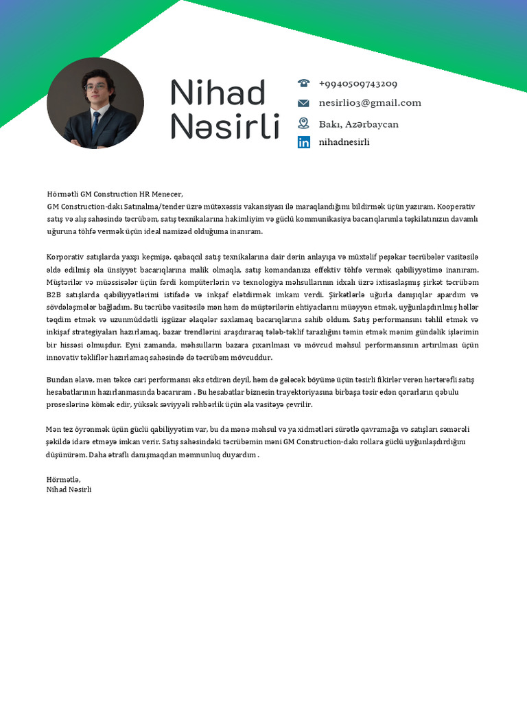 Nihad Nesirli Cover Letter AEM Elektron | PDF