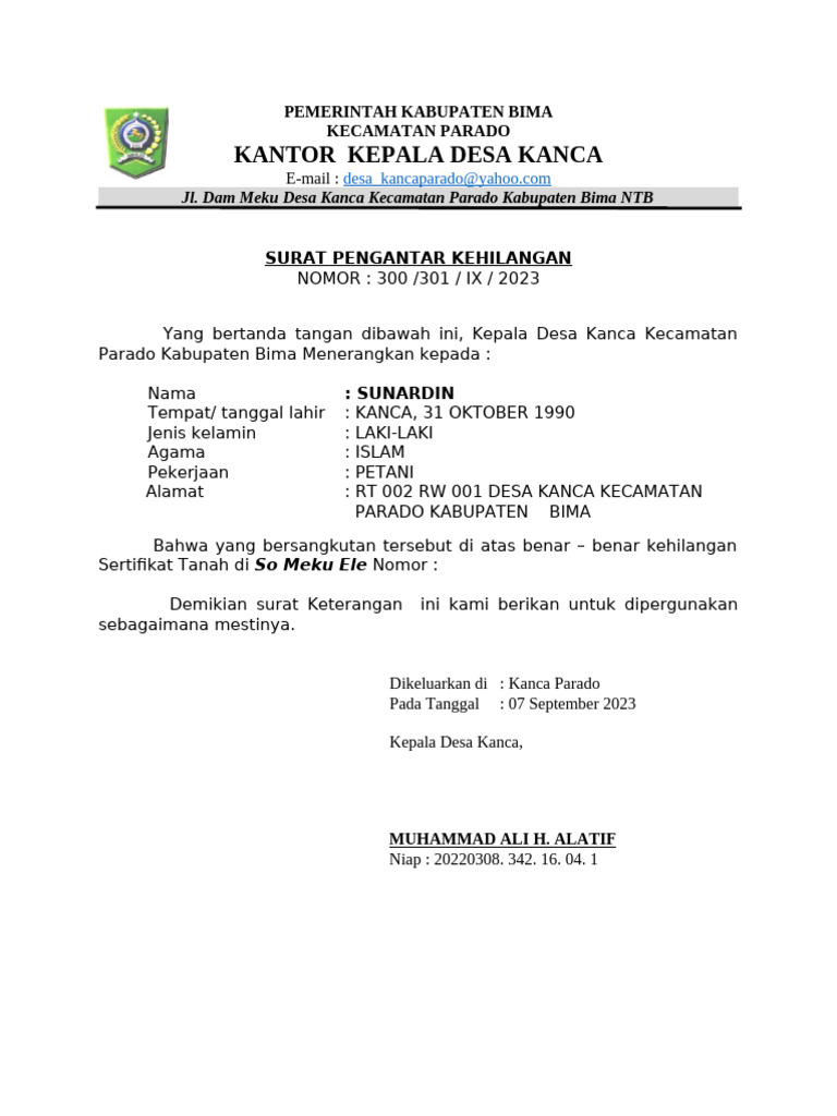 Surat Pengantar Kehilangan Sertifikar Sunardin | PDF