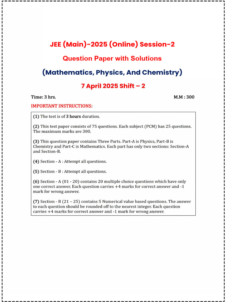JEE Mains Question Paper 07 April 2025 Evening Shift – PDF With ...