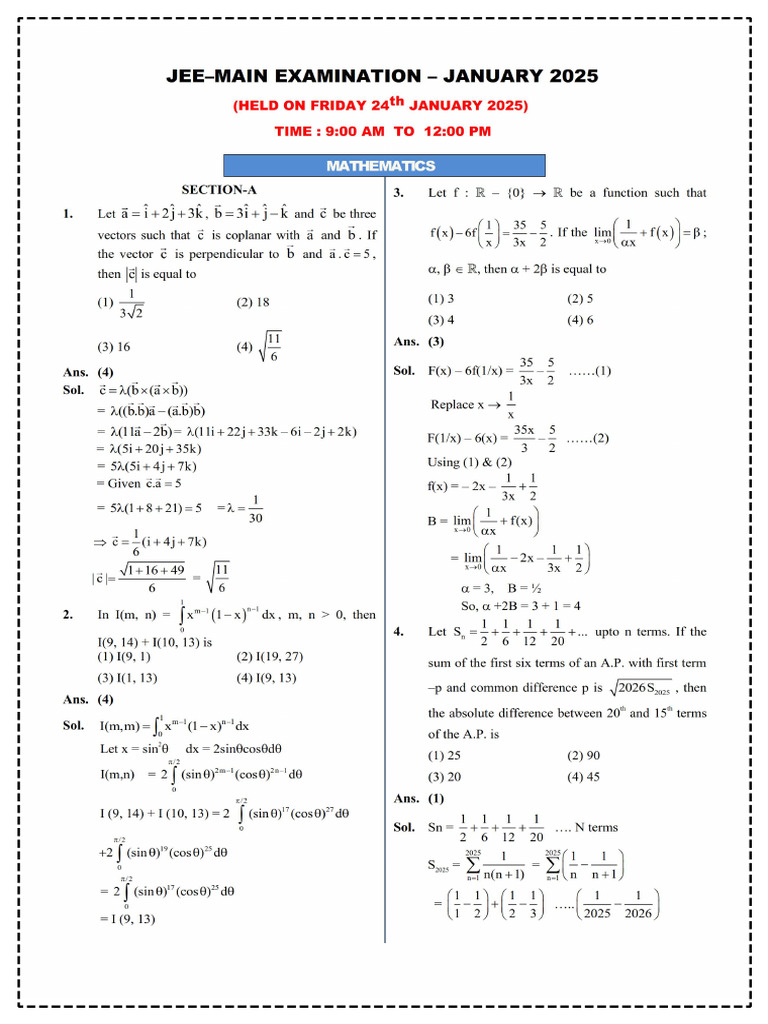 JEE Mains Question Paper 24 January 2025 Morning Shift – PDF With ...