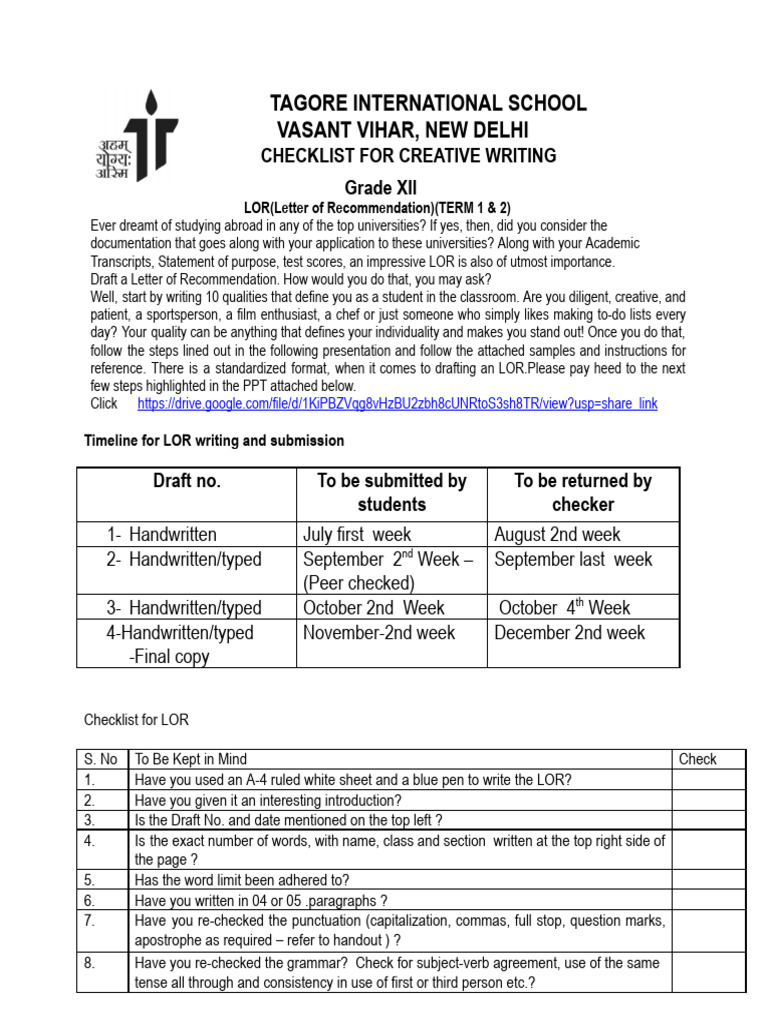 LOR Writing Checklist for Students | PDF | Verb | Punctuation