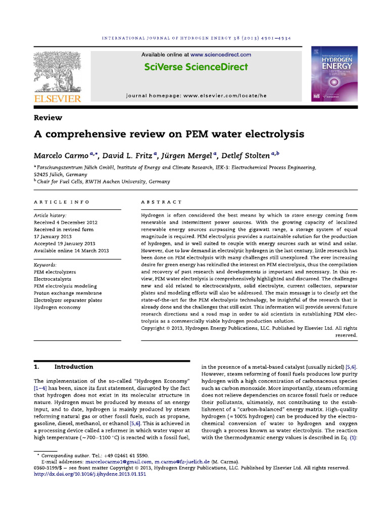 A Comprehensive Review On PEM Water Electrolysis | PDF