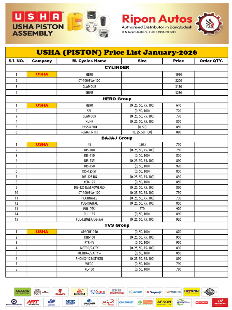 USHA Motorcycle Price List 2026 | PDF