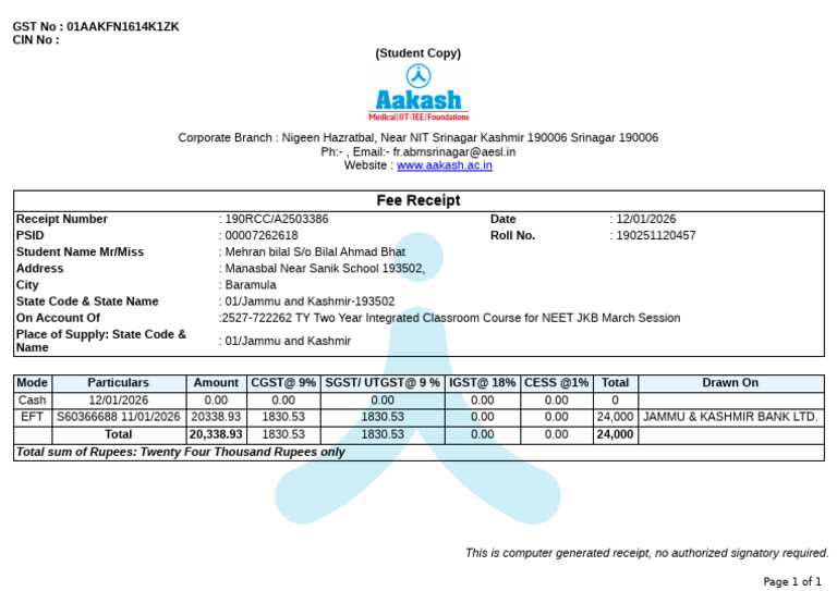 NEET Course Fee Receipt for Mehran Bilal | PDF