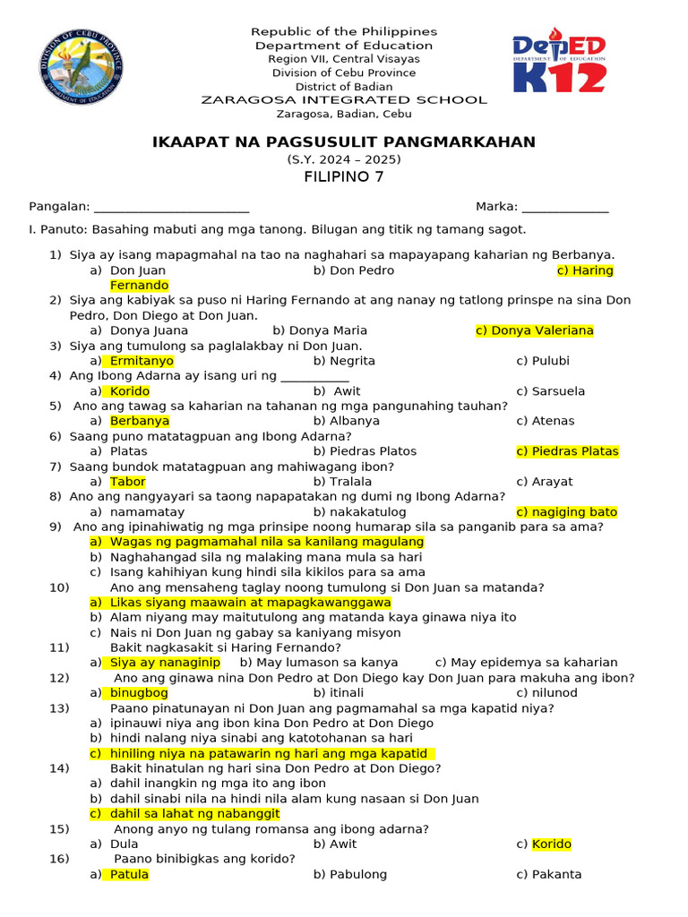 Q4 Filipino 7 Answer Key | PDF