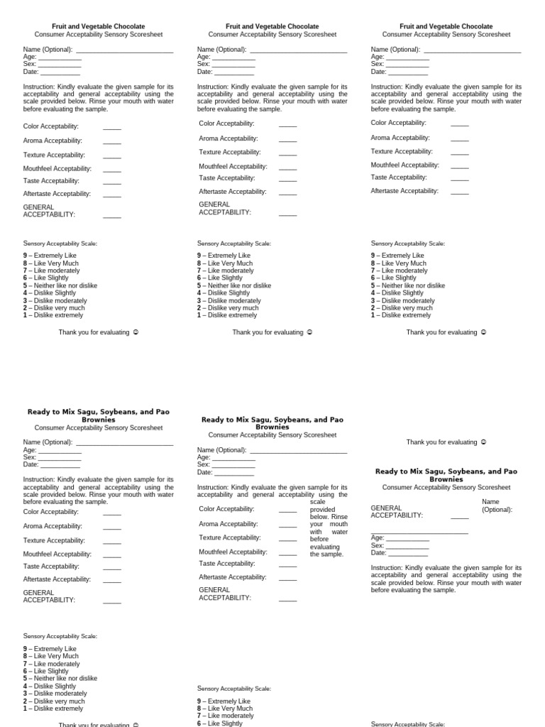 Consumer Acceptability Scoresheets | PDF | Odor | Foods