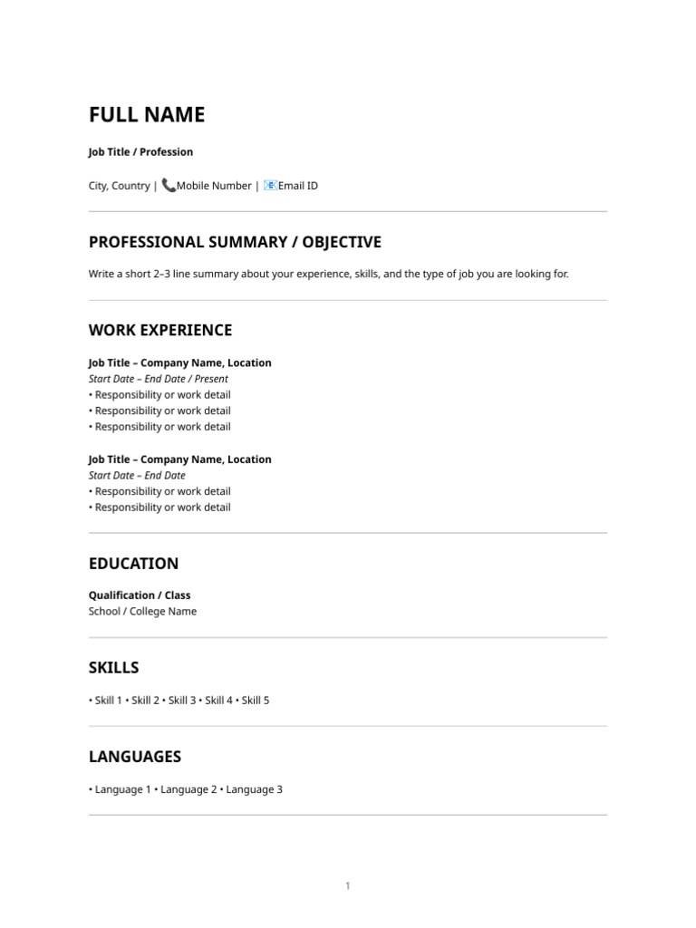 Blank One Page Cv Format | PDF