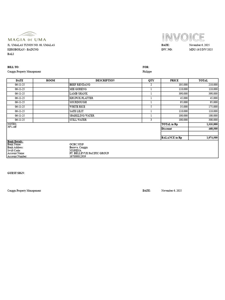 Invoice for Canggu Property Management | PDF