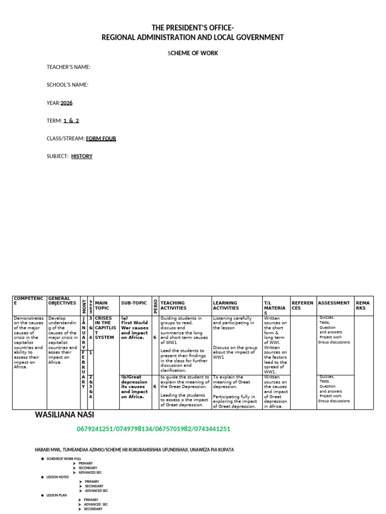 History Scheme of Work for Form Four | PDF | Teaching | Learning