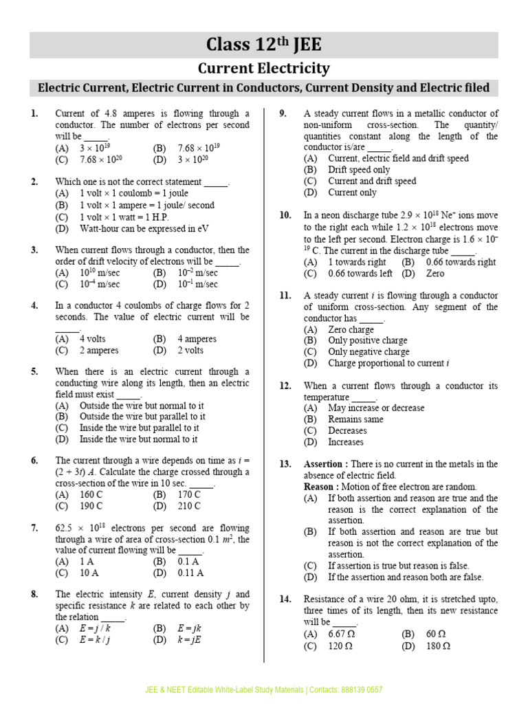 JEE Class 12 Current Electricity Quiz | PDF | Electric Current | Series ...