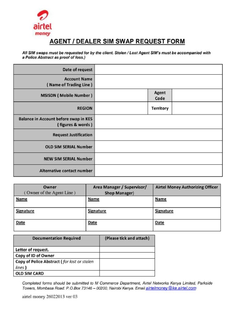 Airtel Money Sim Swap Request Form(1) | PDF