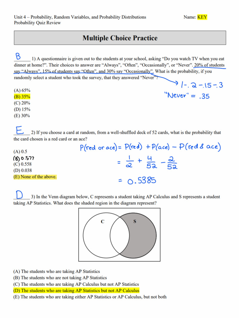 Review Before Probability Quiz KEY | PDF