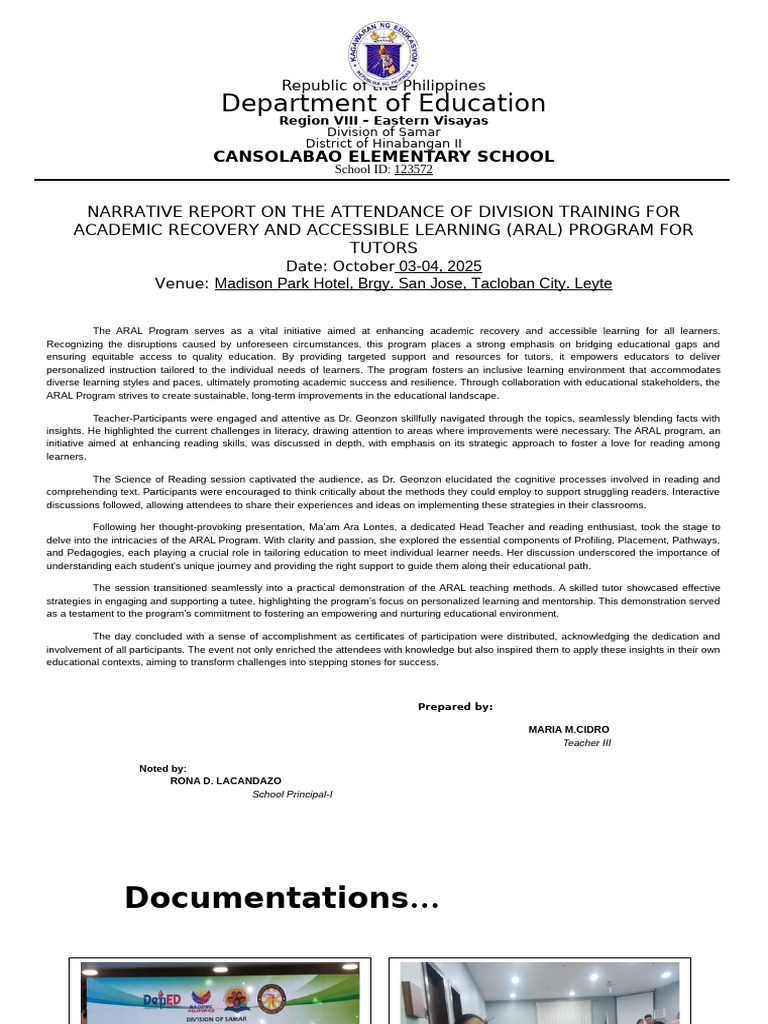 Narrative Report - Division Training On ARAL Program | PDF | Learning ...