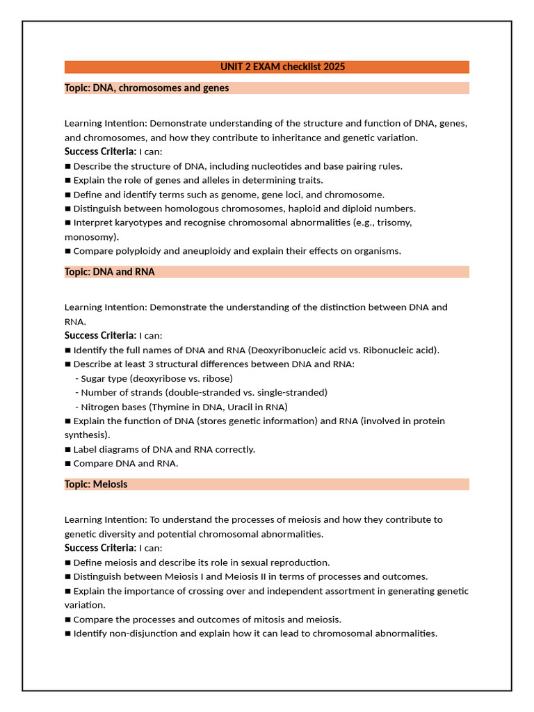 UNIT 2 EXAM checklist 2025 (1) | PDF | Dominance (Genetics) | Genotype