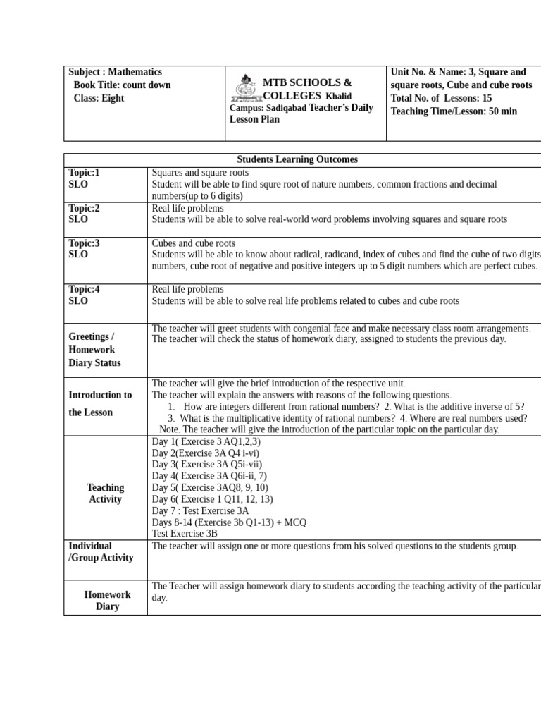8th Grade Math Lesson Plan: Squares & Cubes | PDF | Numbers | Square Root