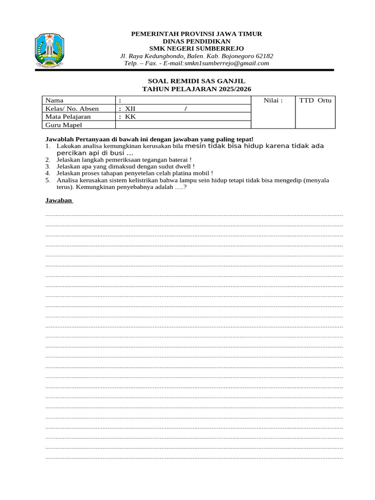 Soal Remidi KK SMK Sumberrejo 2025/2026 | PDF