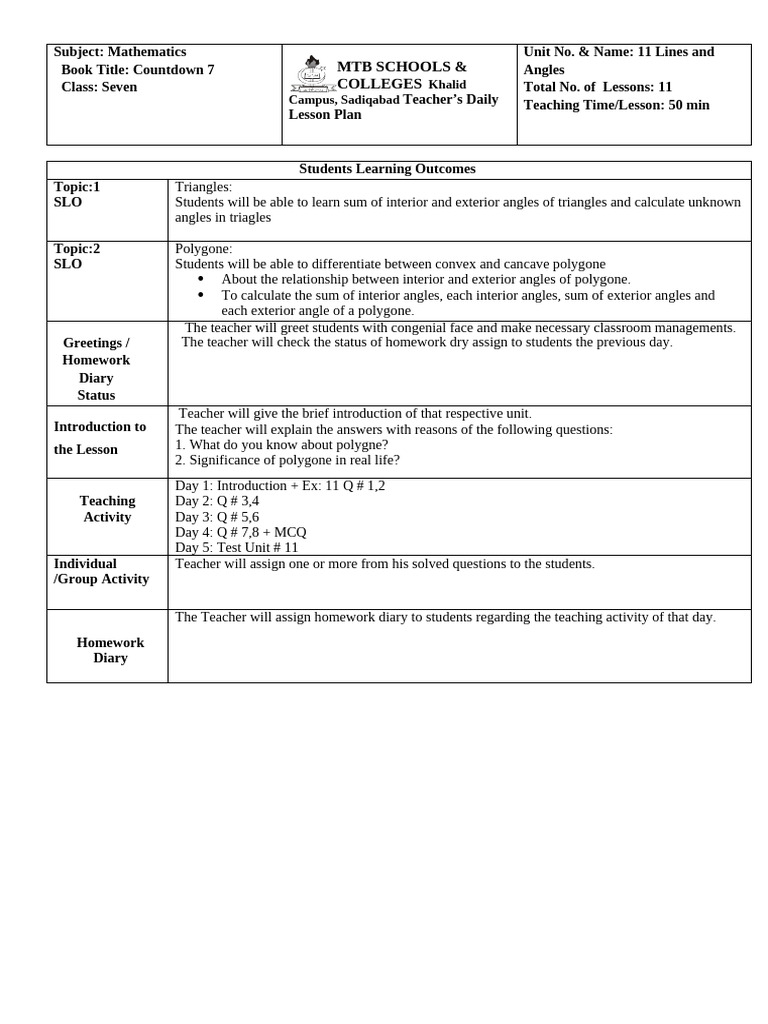 Math Lesson Plan 7th Ch # 11 | PDF | Teachers | Lesson Plan