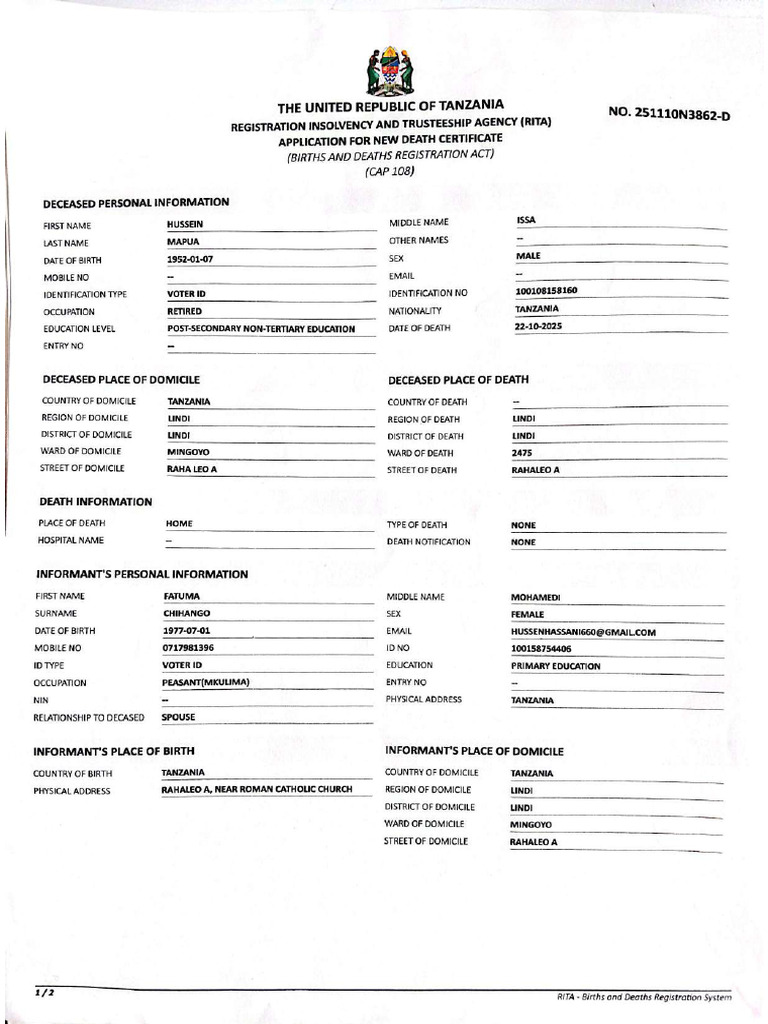 Fomu Ya Cheti Cha Kuzaliwa - Compressed | PDF