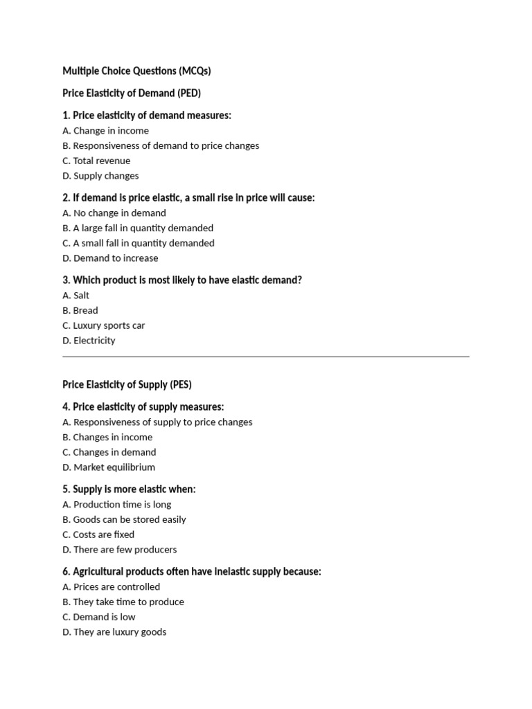 MCQs on Price Elasticity and Market Concepts | PDF | Demand | Labour ...