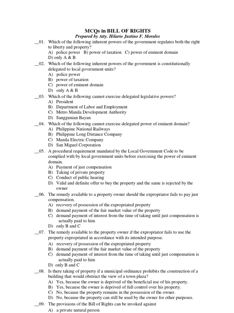 Bill of Rights MCQs and Answers | PDF | Right To Silence | Eminent Domain