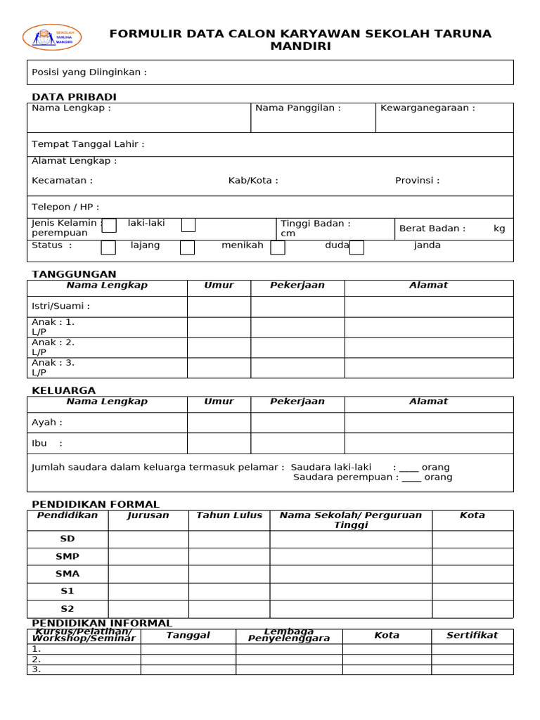 Formulir Data Calon Karyawan Sekolah | PDF