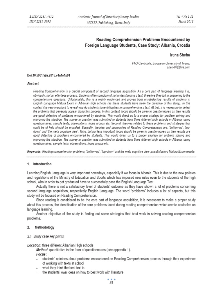 Reading Comprehension Problems Encounter | PDF | Reading Comprehension ...