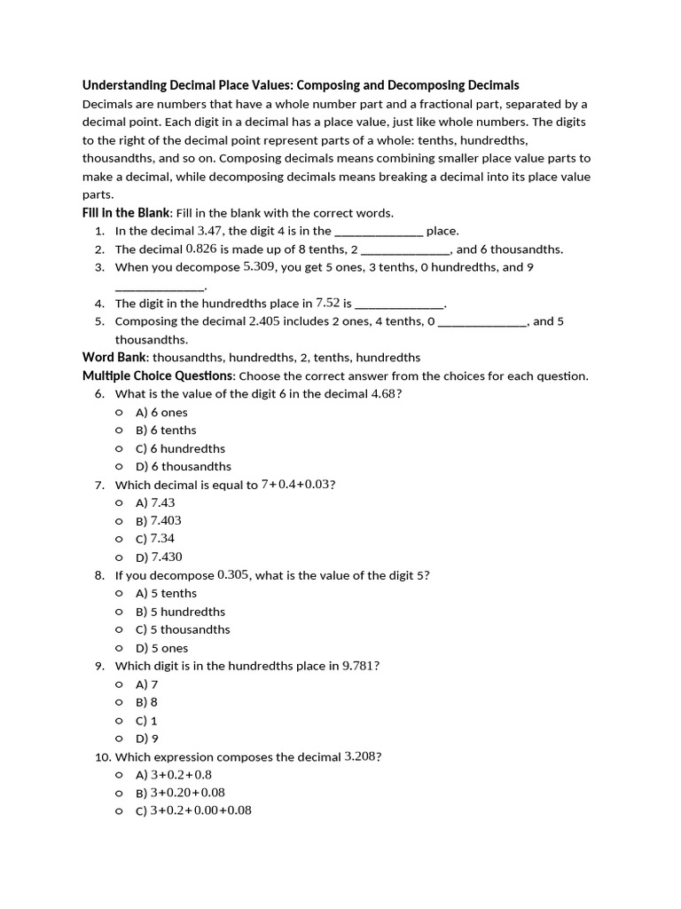 Understanding Decimal Place Values - Copy | PDF