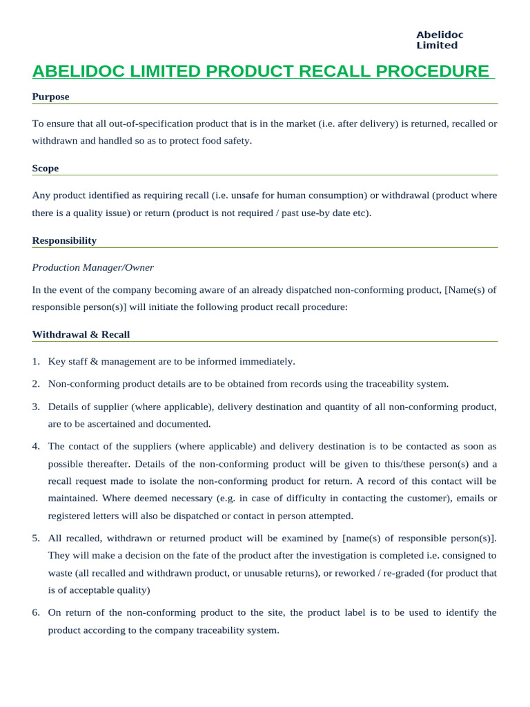ABELIDOC PRODUCT RECALL PROCEDURE | PDF