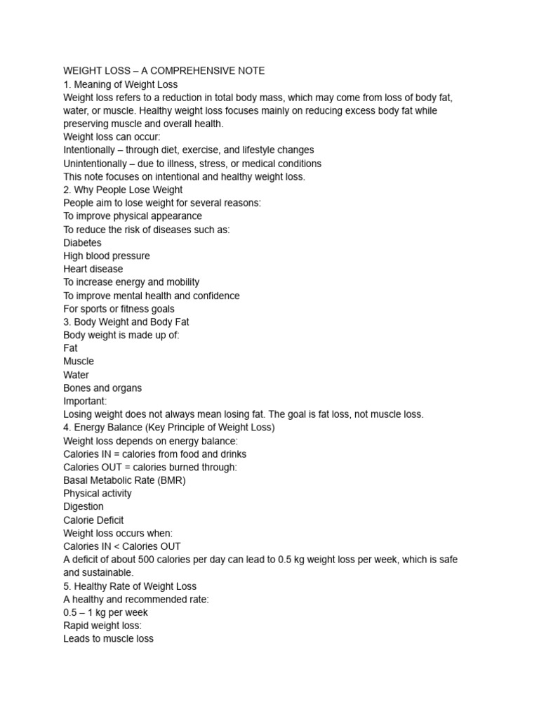 WEIGHT LOSS – A COMPREHENSIVE NOTE | PDF | Weight Loss | Nutrition