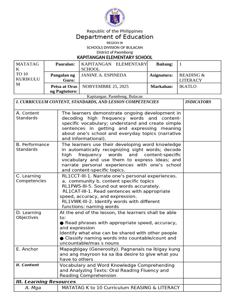Lesson Plan New Indicators | PDF | Learning | Educational Assessment