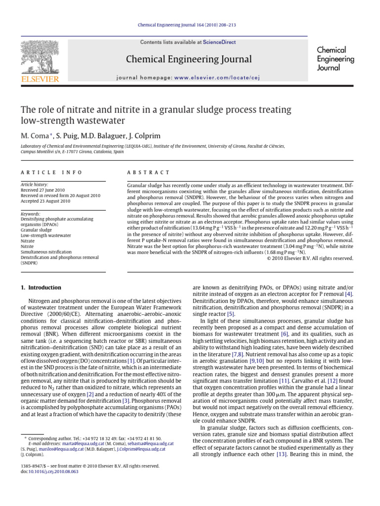 The Role of Nitrate and Nitrite in A Granular Sludge Process Treating ...