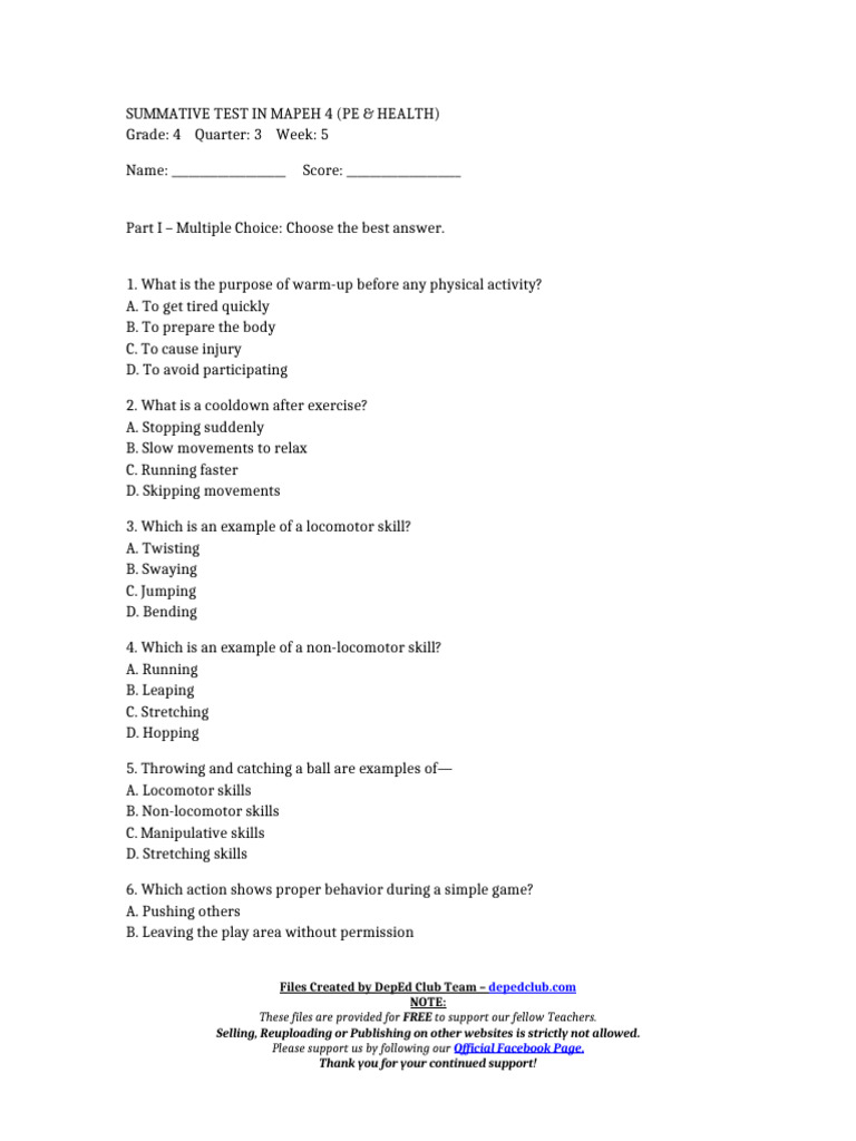 Summ_test Mapeh_pe_health 4 q3 w5 | PDF | Foods | Cuisine