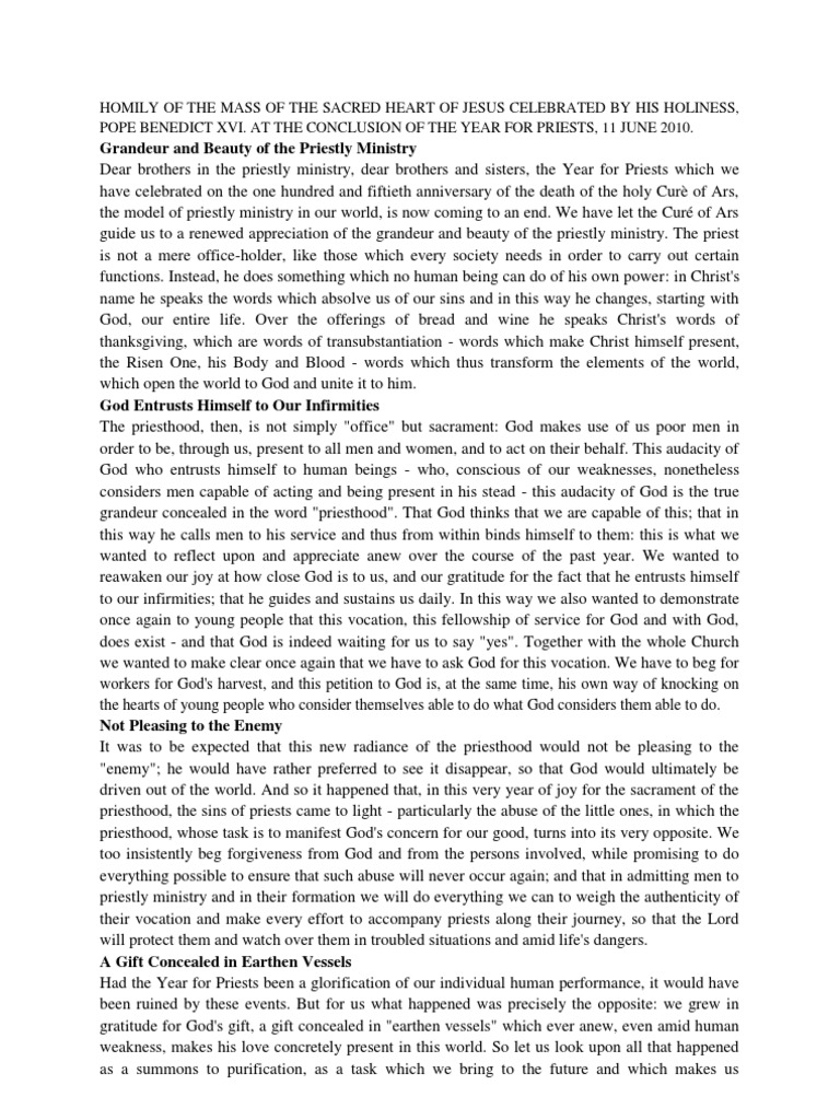 Homily of The Mass of The Sacred Heart of Jesus Celebrated by His ...