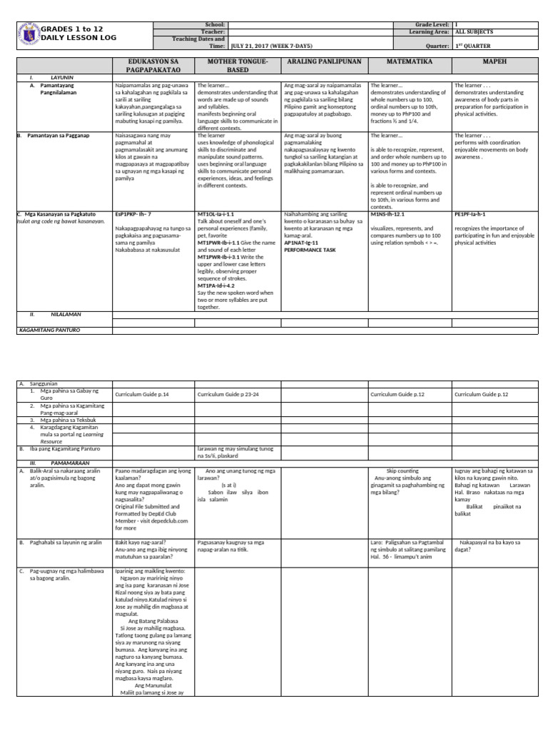 Grade 1 DLL All Subjects Q1 Week 7 Day 5 | PDF
