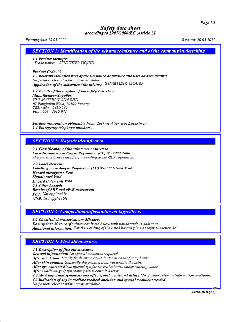 Sensitizer Liquid MSDS (3) | PDF | Dangerous Goods | Toxicity