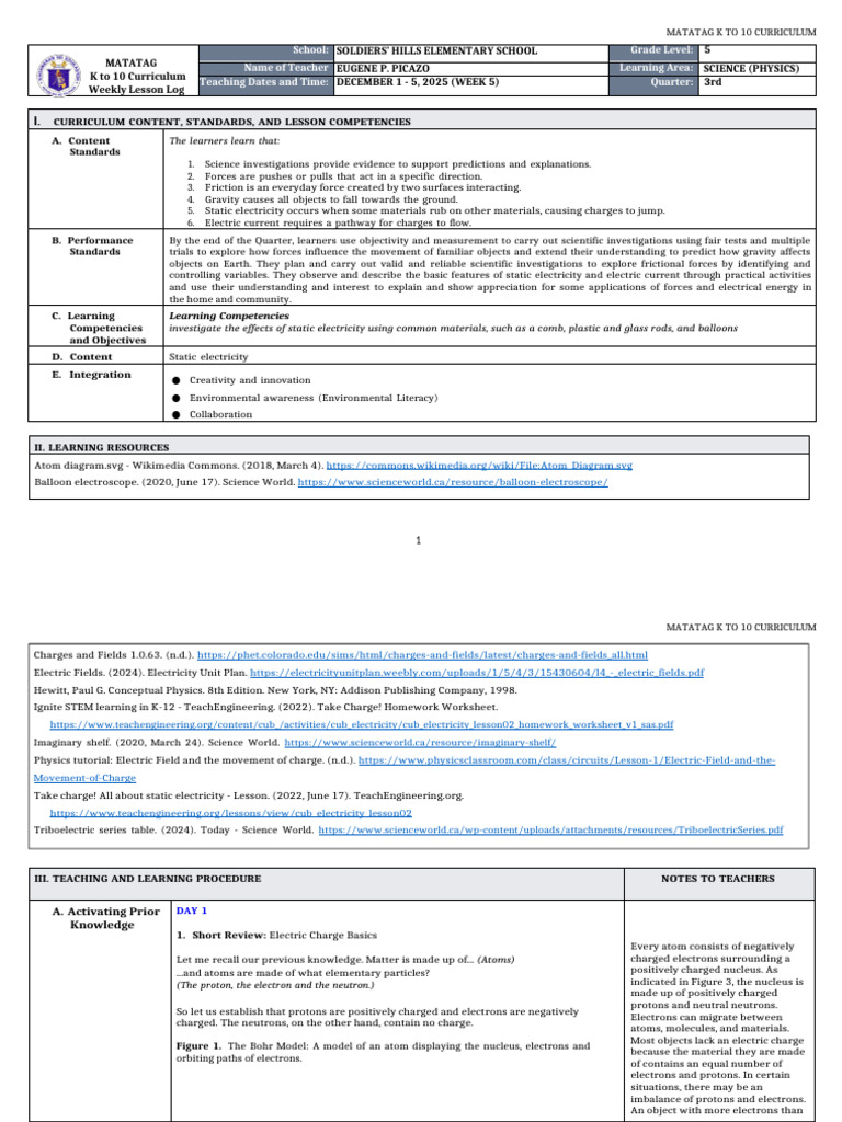 DLL MATATAG _SCIENCE 5 Q3 W5 | PDF | Atoms | Electric Charge