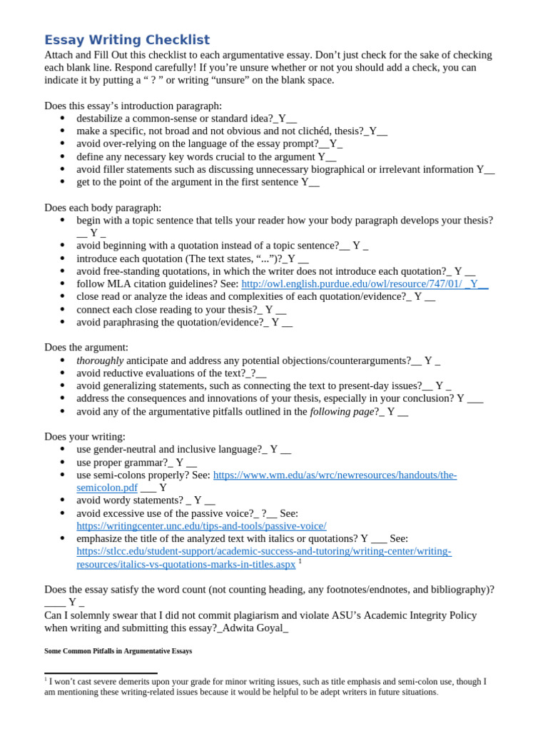 Essay Writing Checklist(2) | PDF | Essays | Contradiction
